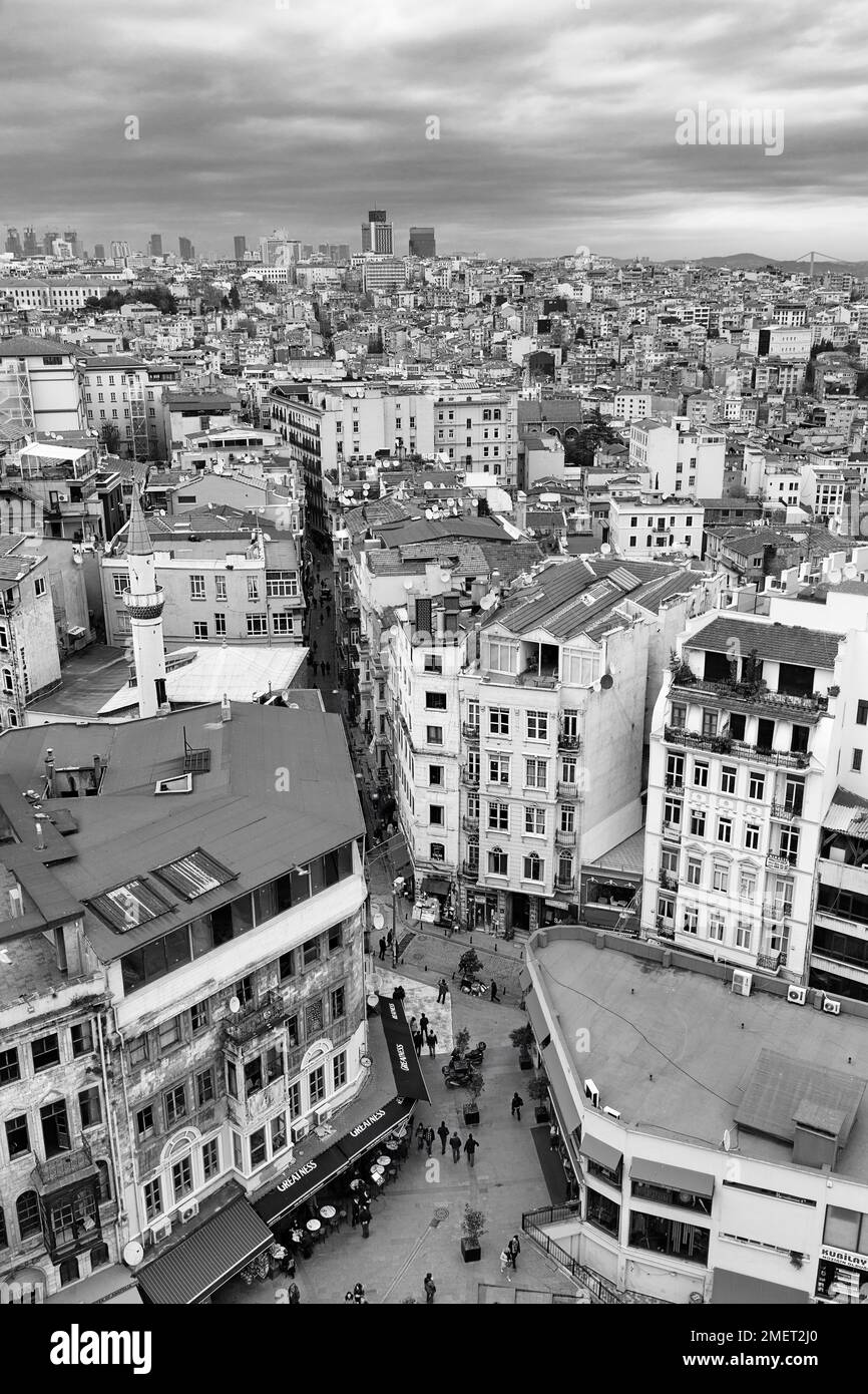 Panoramic view of the sea of houses from the Galata Tower, monochrome ...
