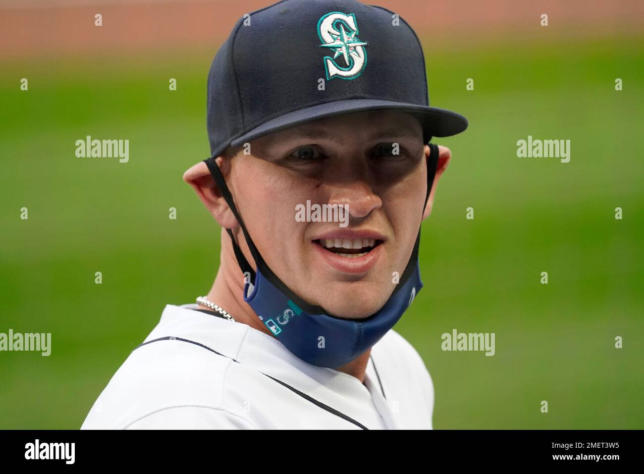 Seattle Mariners' Nick Margevicius stands on the field before a ...