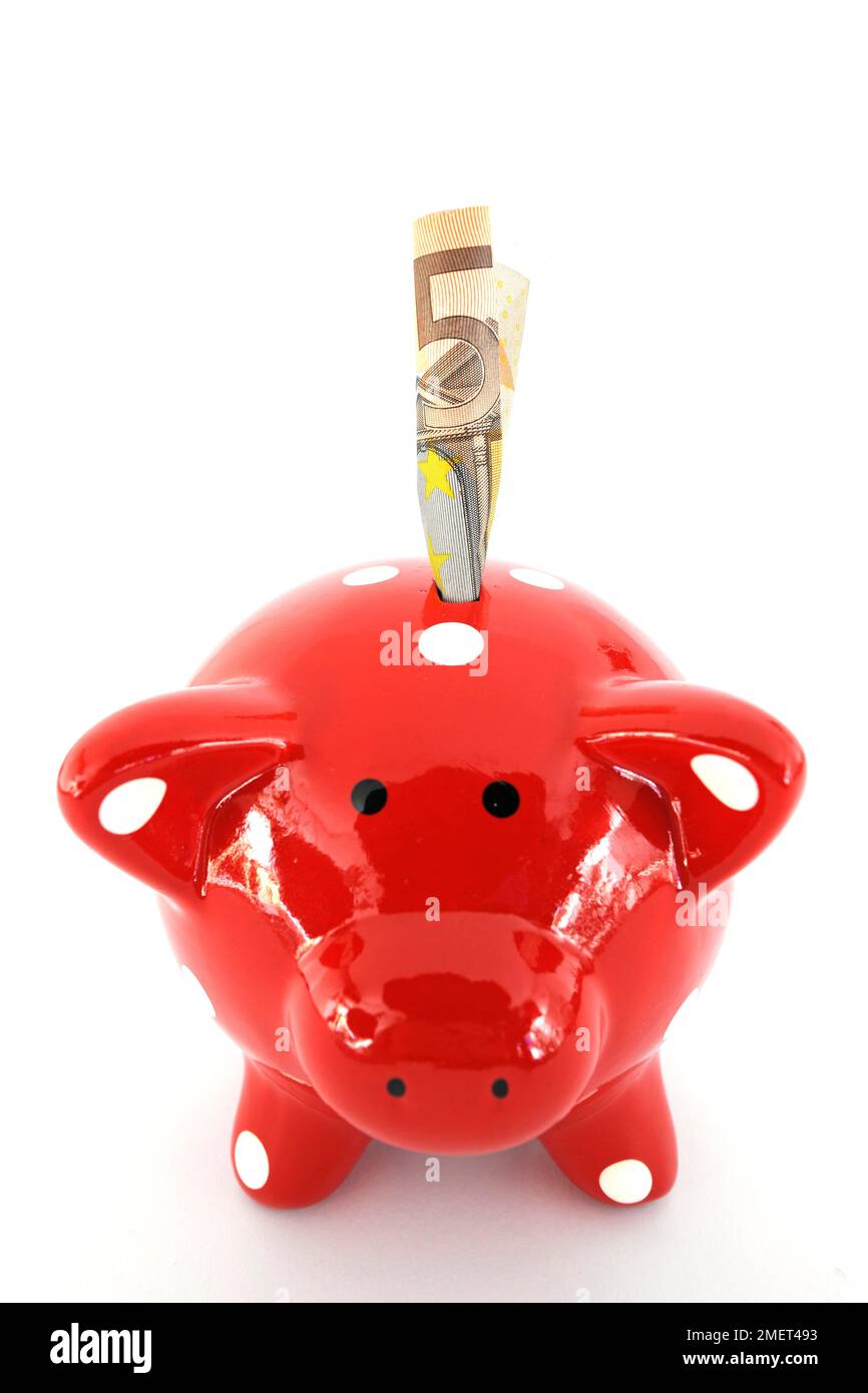 Red piggy bank with white dots and 50 euro banknotes, cropped, cutout ...