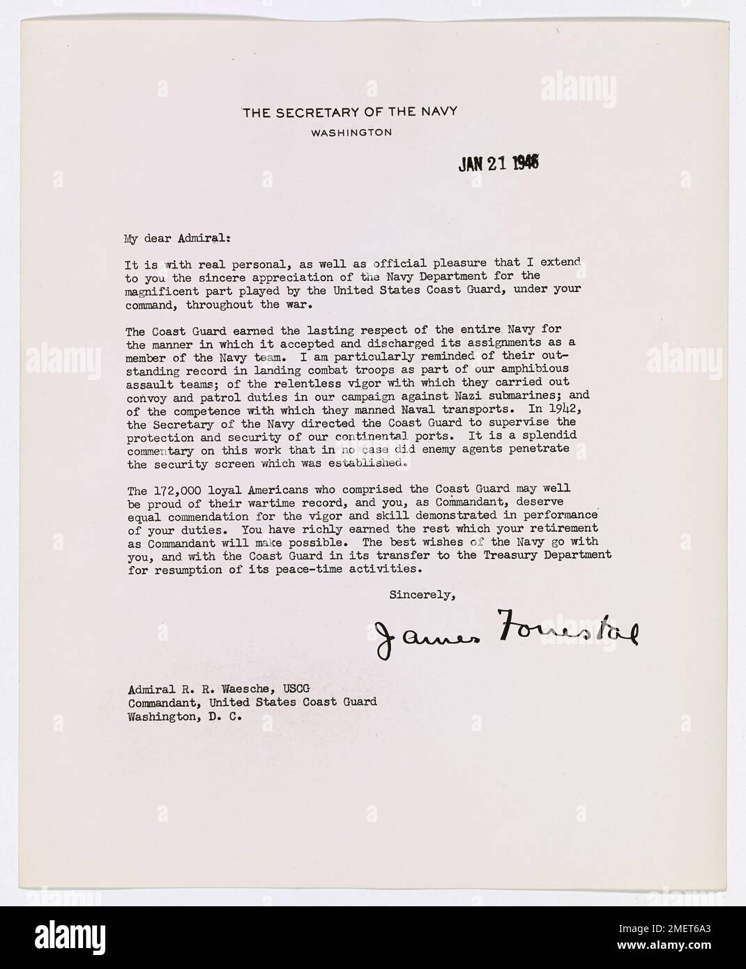 A photograph captures a message from James Forrestal, Secretary of the ...