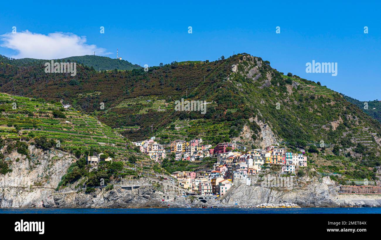 The village of Manarola with its nested pastel-coloured houses built ...