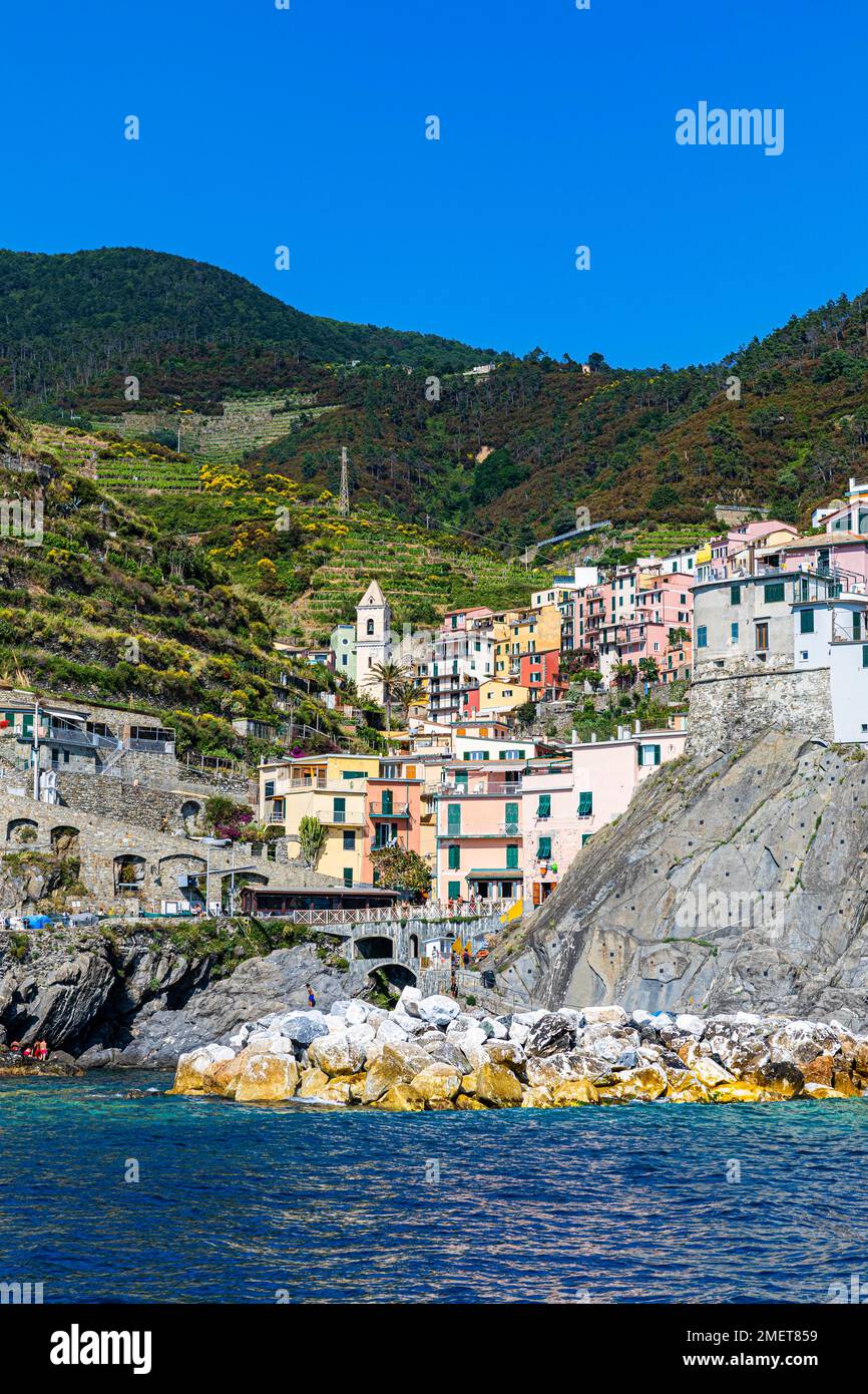 The village of Manarola with its nested pastel-coloured houses built ...