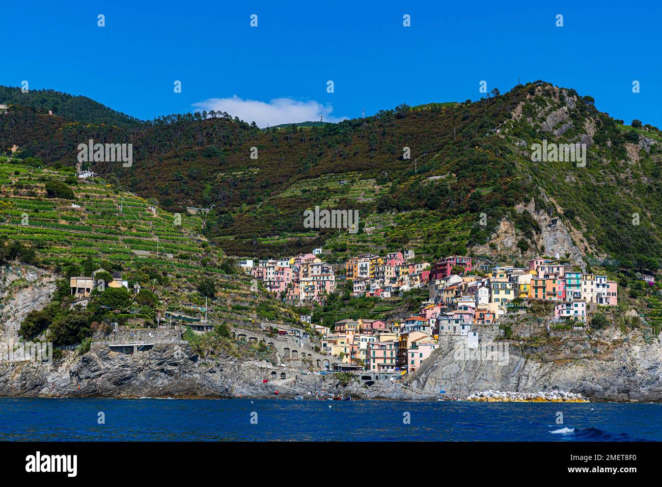 The village of Manarola with its nested pastel-coloured houses built ...