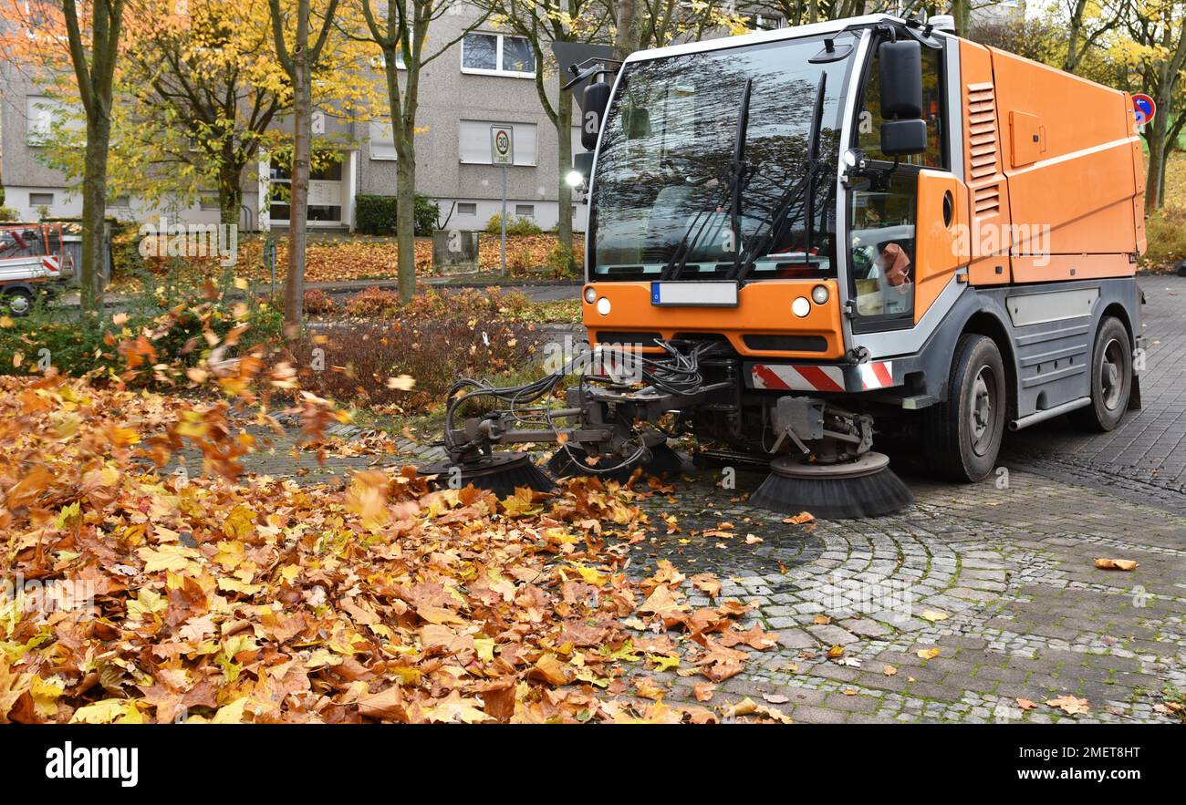 Sweeper sweeps wilted leaves from the road, Vellmar, Hesse, Germany ...