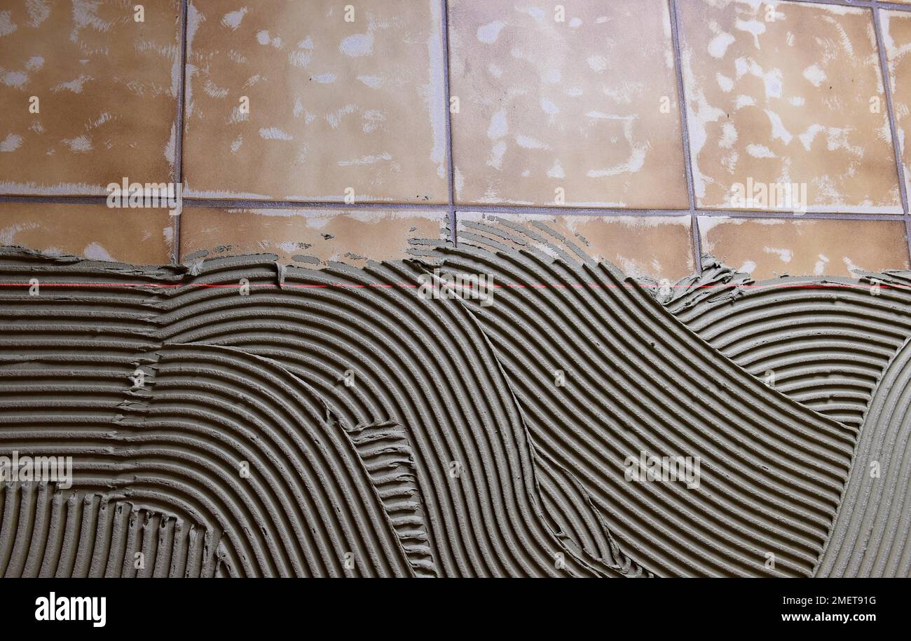 Tiler applied tile adhesive on old tiles, Hesse, Germany Stock Photo ...