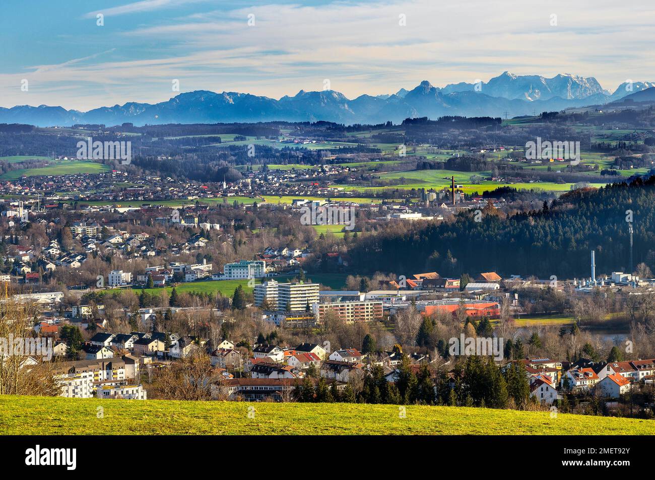 View from Mariaberg towards Kempten, Zugspitze on the right, Saeuling ...