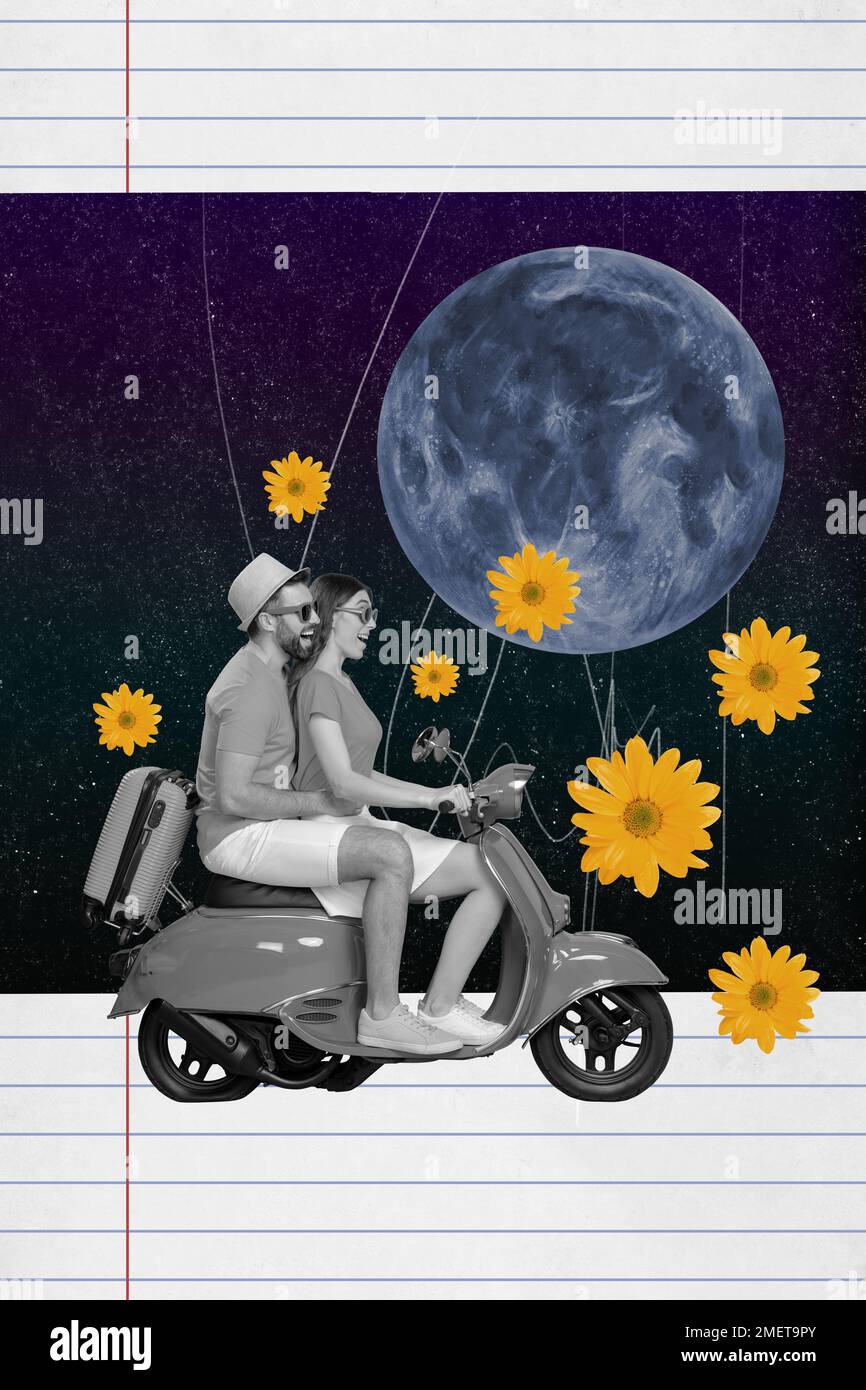 Creative photo 3d collage artwork poster postcard of cute couple going ...