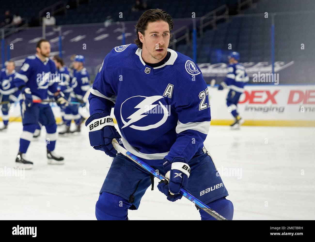 Tampa Bay Lightning defenseman Ryan McDonagh (27) before an NHL hockey ...