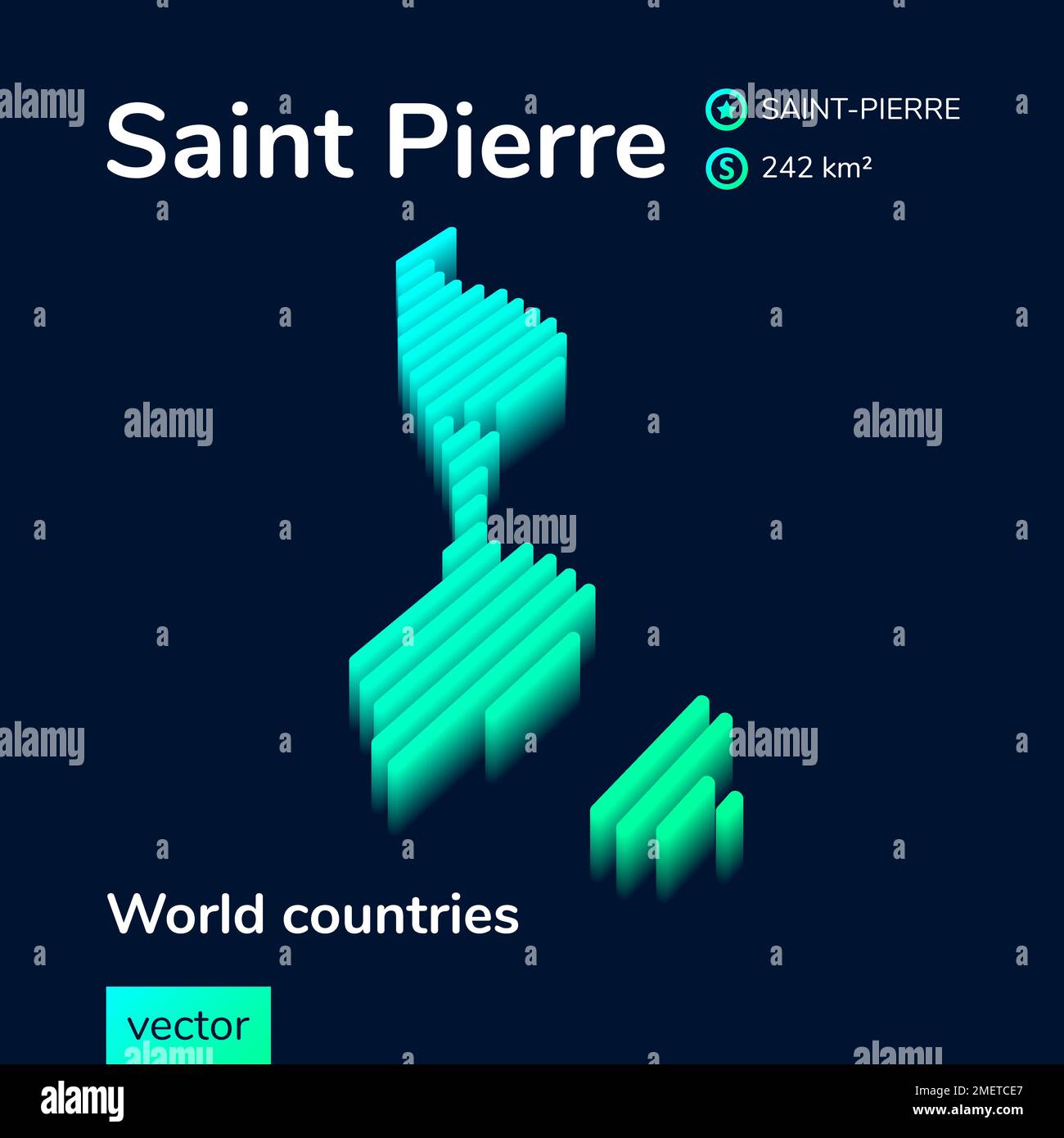 Saint Pierre 3D map. Stylized isometric neon striped map is in green ...