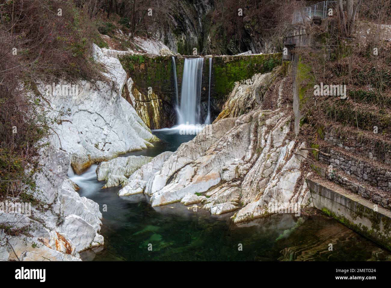 Waterfall in the Breggia river, rock strata, Gole della Breggia Geopark ...