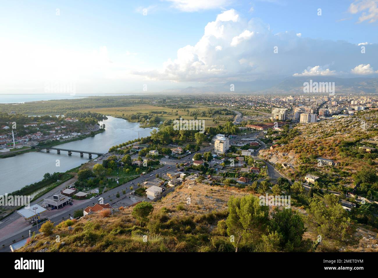 View of the town, the river Buna and Lake Scutari, Shkodra, Shkoder ...