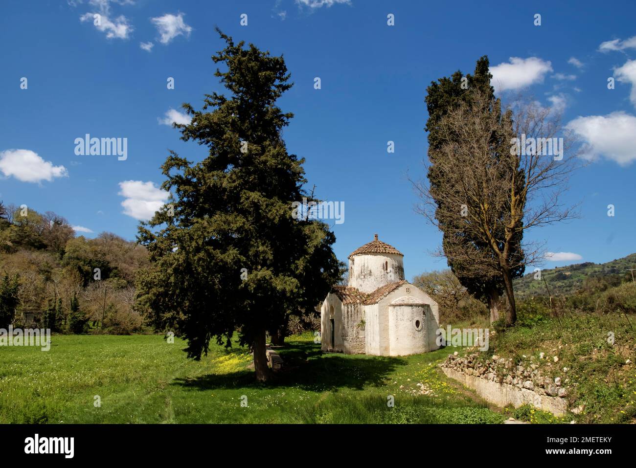 Spring in Crete, tree, cypress (cupressus), cross dome chapel, Agia ...