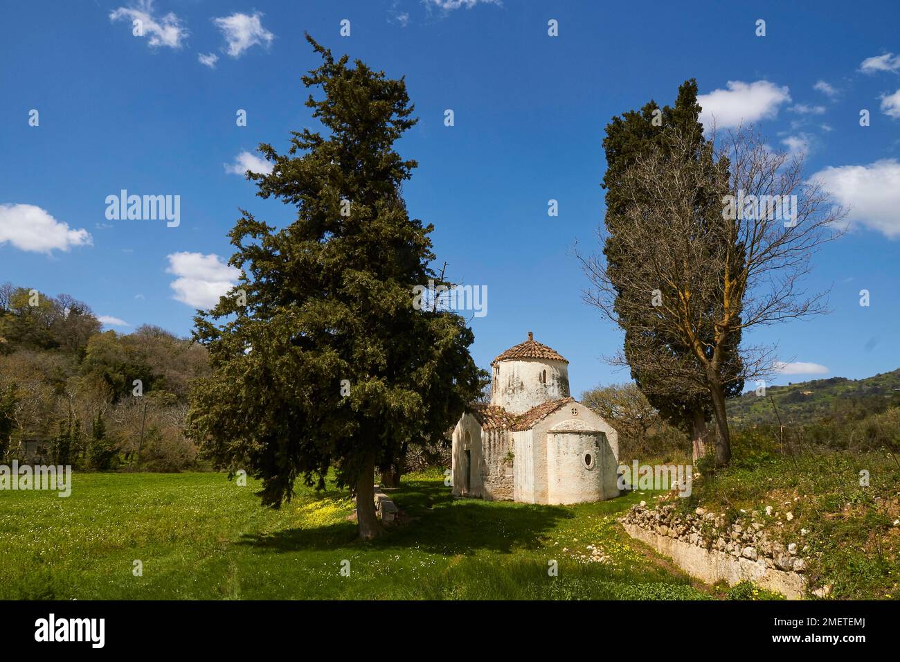 Spring in Crete, tree, cypress (cupressus), cross dome chapel, Agia ...