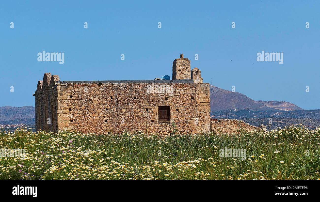 Spring in Crete, spring meadows, stone monastery buildings, Agios ...