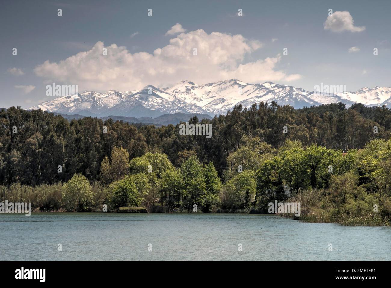Spring in Crete, HDR, Lake of Agia, trees, snow-capped mountains, Lefka ...