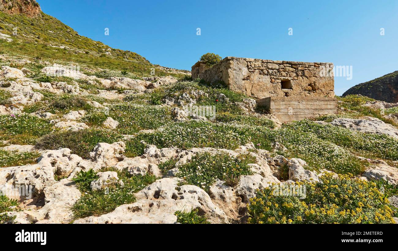 Spring in Crete, mountain village of Rokka, excavation site, green ...