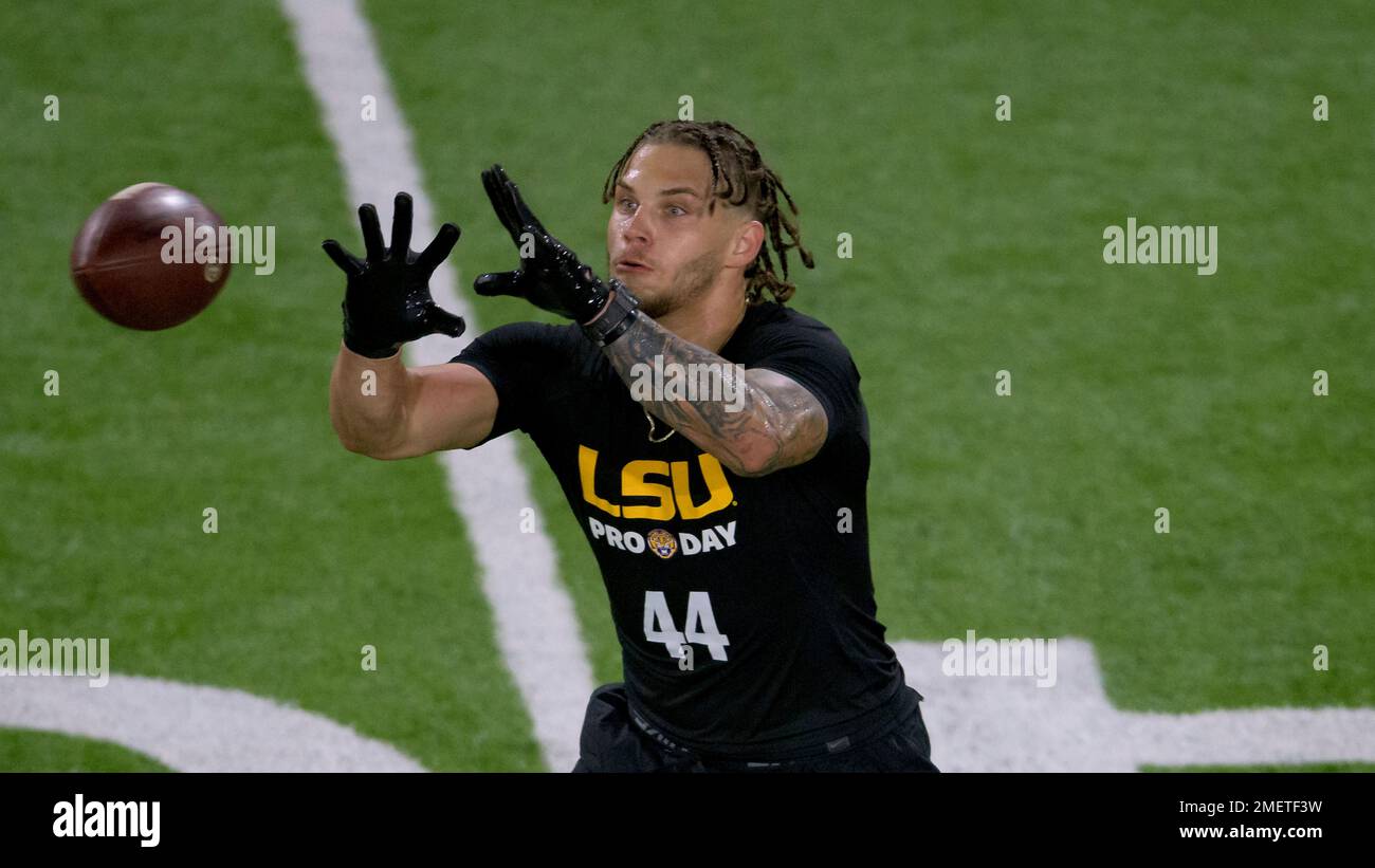 LSU fullback Tory Carter catches during an NFL Pro Day at LSU in Baton ...