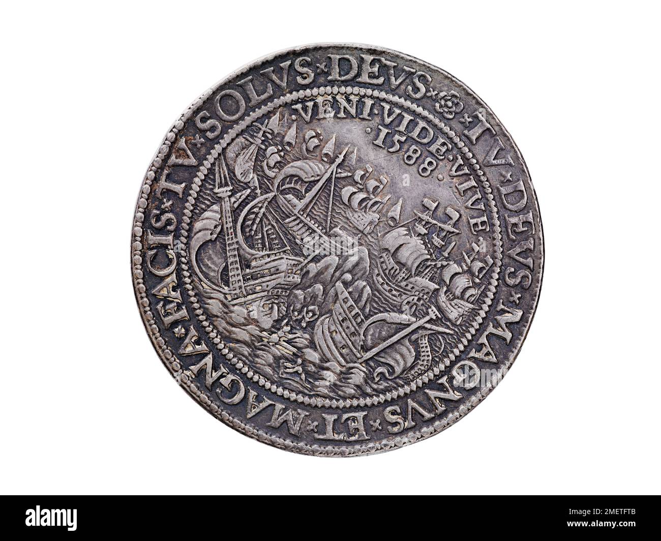 Medal commemorating the victory over the Armada showing ship Stock ...