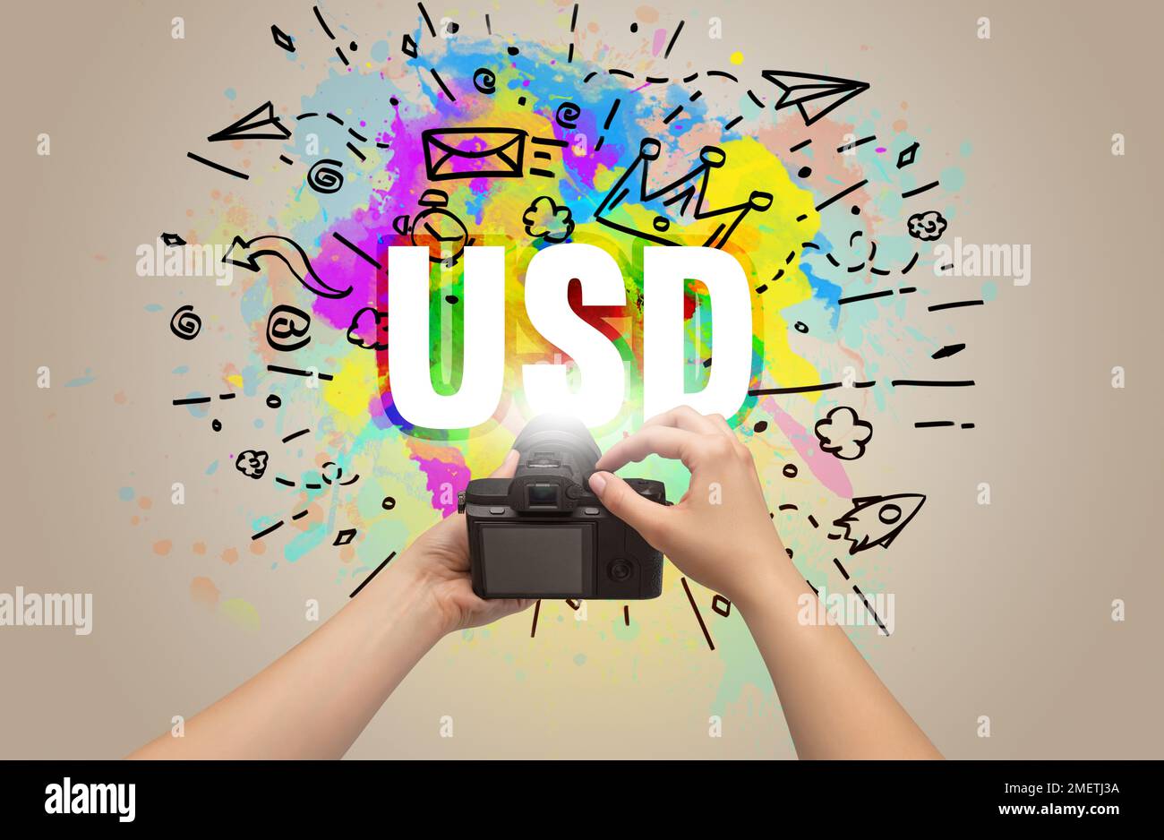 Close-up of a hand holding digital camera with abstract drawing Stock ...