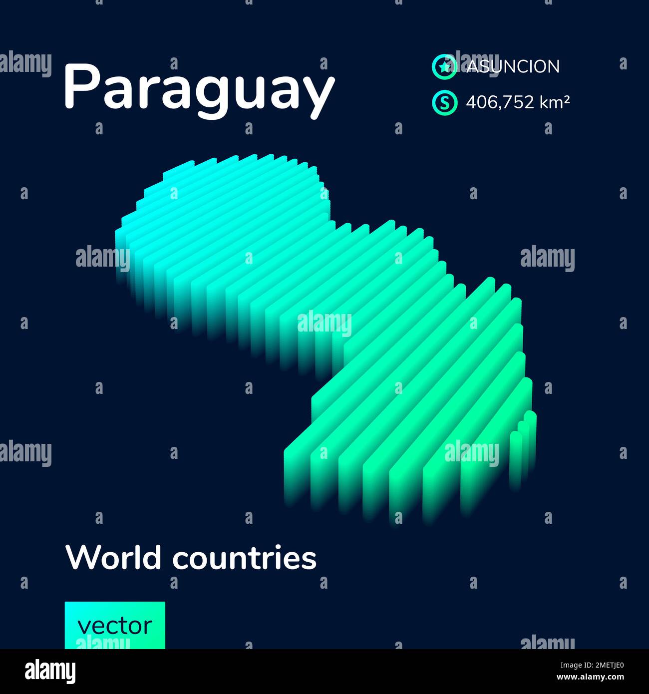 Paraguay 3D map. Stylized neon isometric striped vector map in green ...