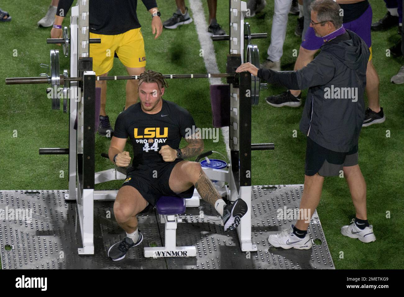 LSU fullback Tory Carter during celebrates after the bench press during ...