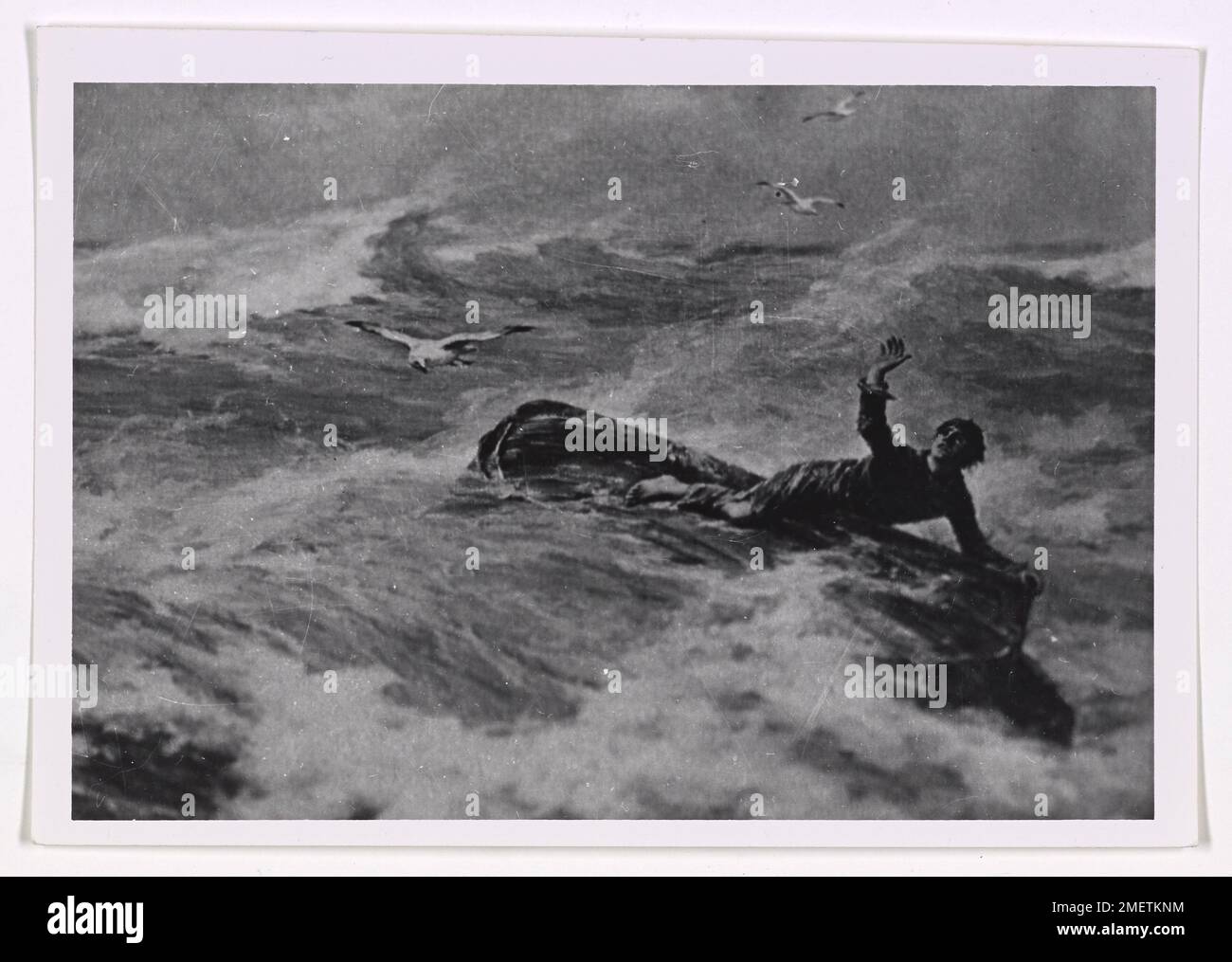 A painting depicts a shipwrecked man on a liferaft in rough seas, with ...