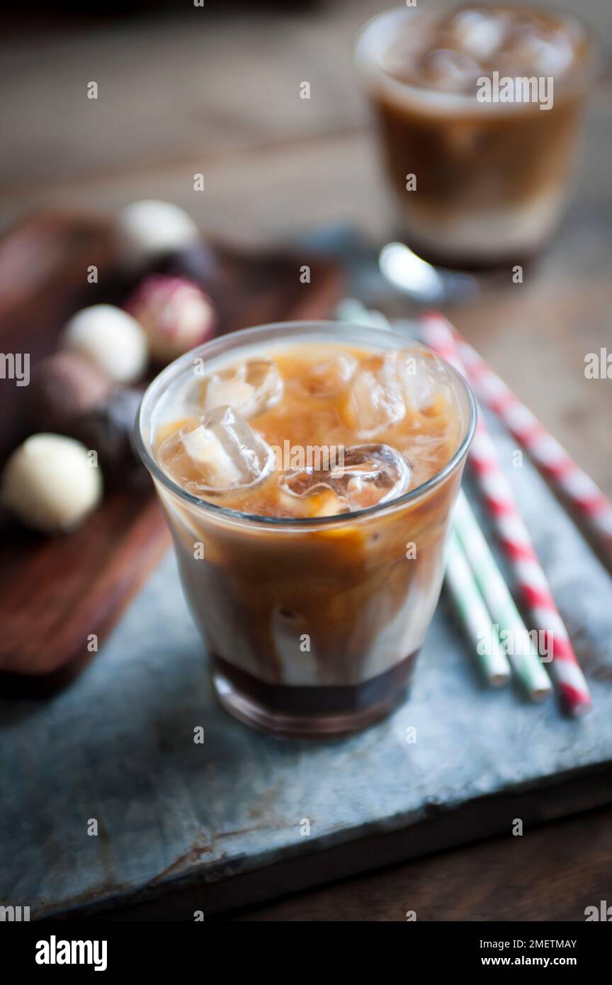 Ice Mocha, chocolate sauce, milk, ice and coffee in a glass Stock Photo ...