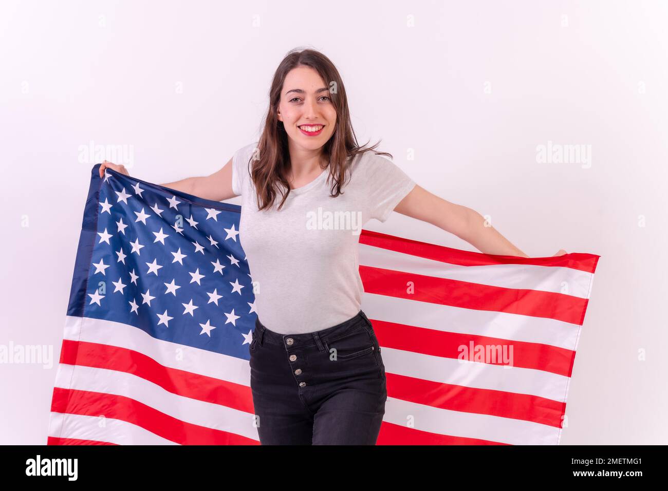 Portrait happy woman usa flag hi-res stock photography and images - Alamy