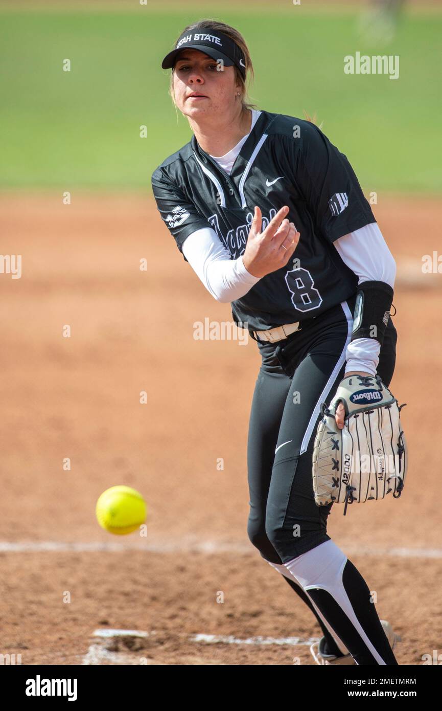 Utah St. starting pitcher Jessica Stewart (8) pitches during an NCAA ...