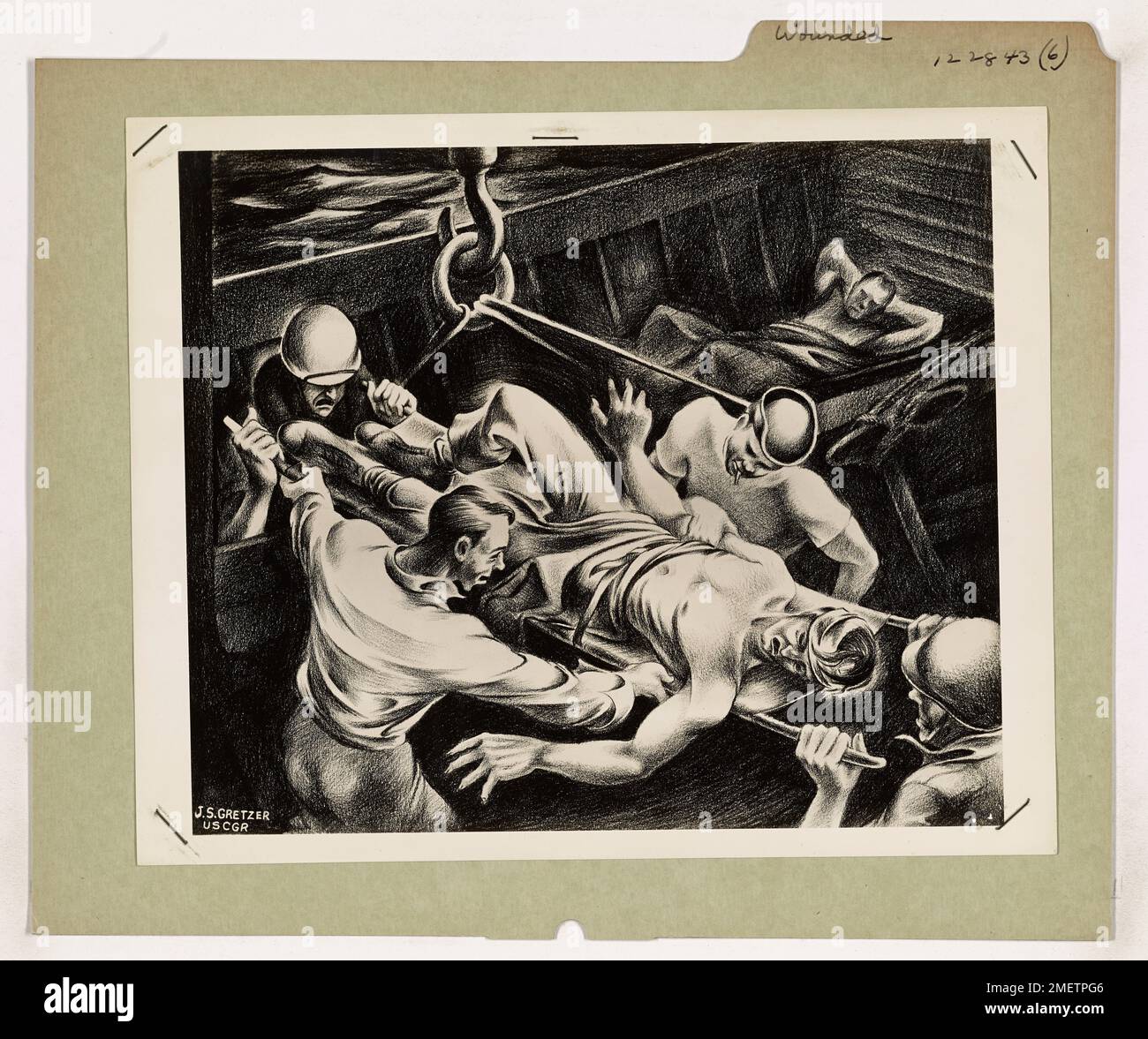 This artwork by Coast Guard Combat Artist John S. Gretzer illustrates a ...