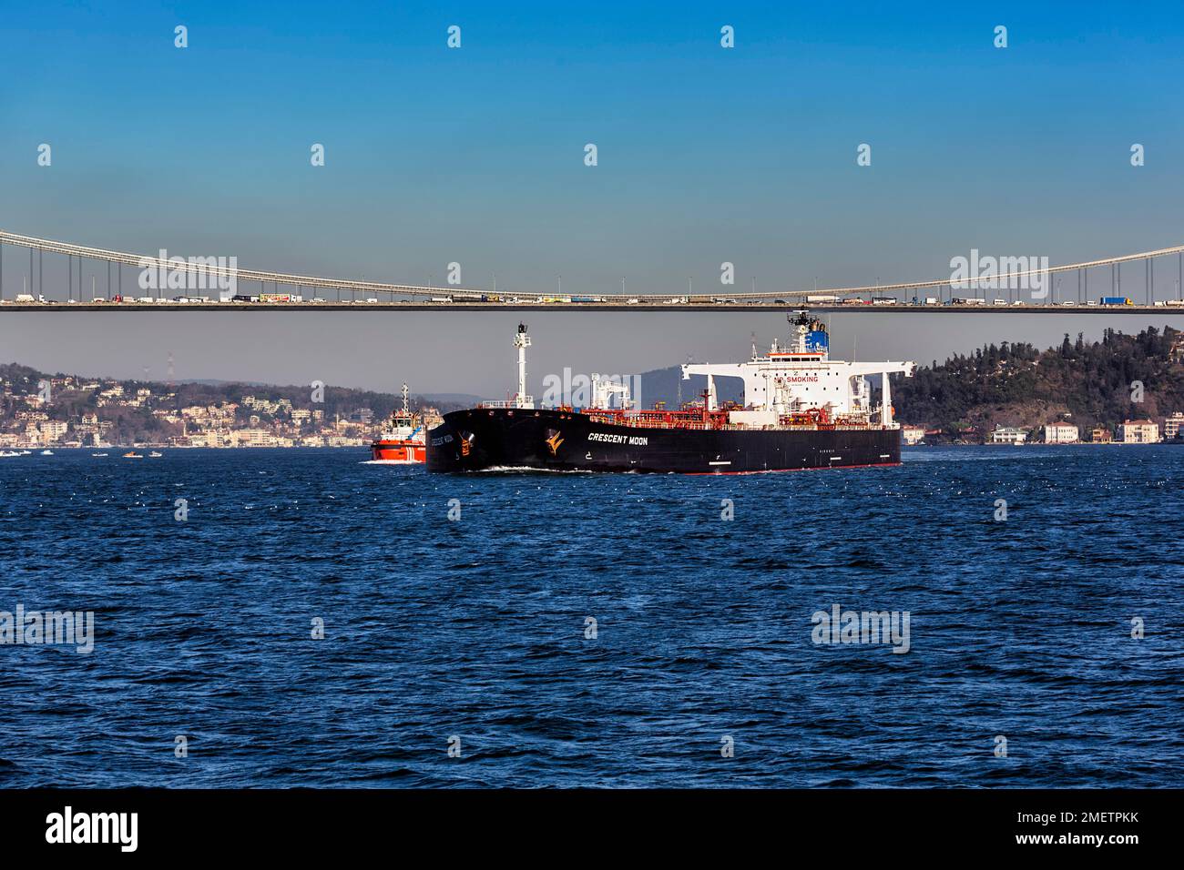 Tanker, oil tanker Crescent Moon in front of Fatih Sultan Mehmet Bridge ...