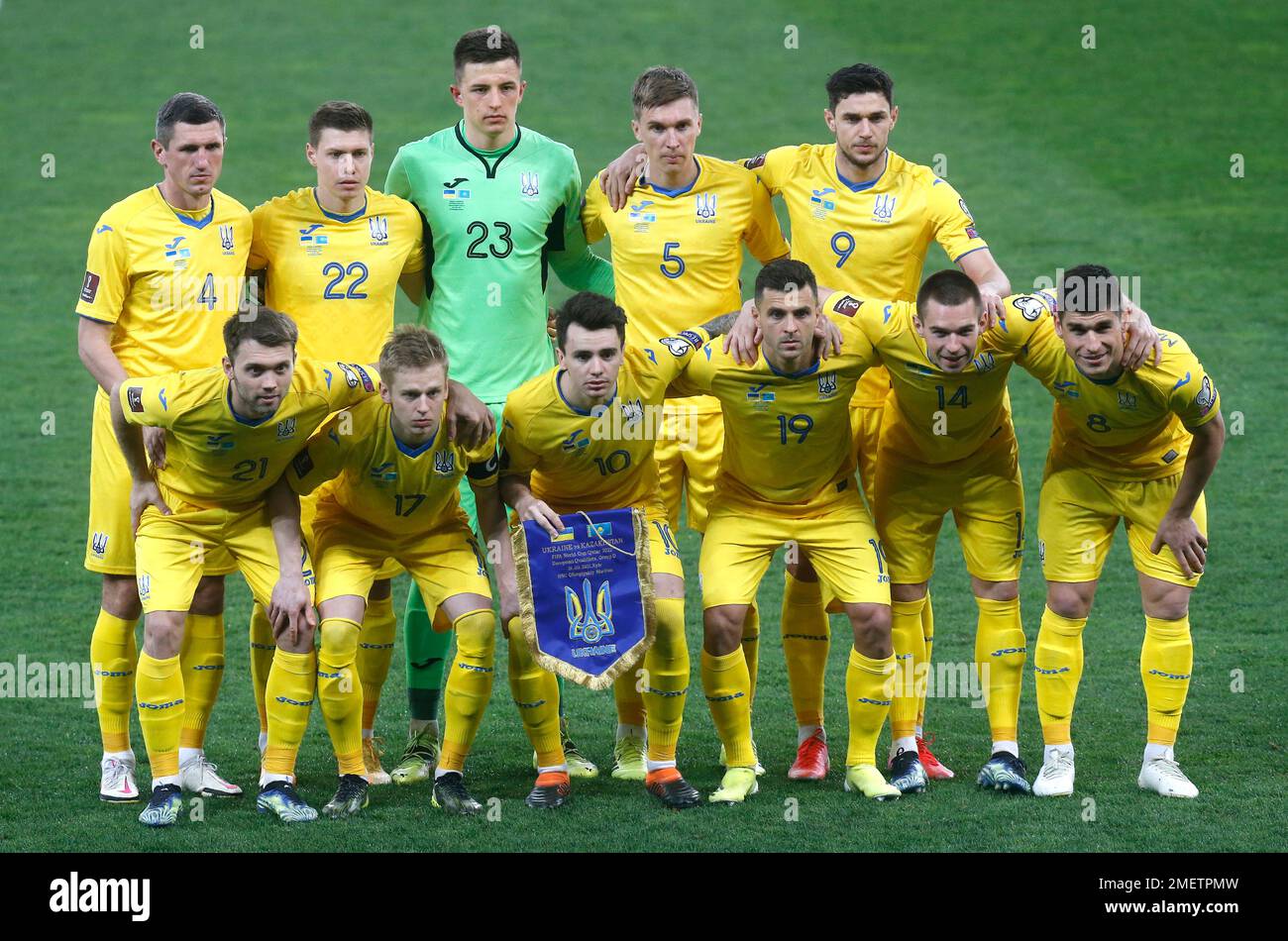 Ukraine starting players pose for a team photo at the beginning of the ...