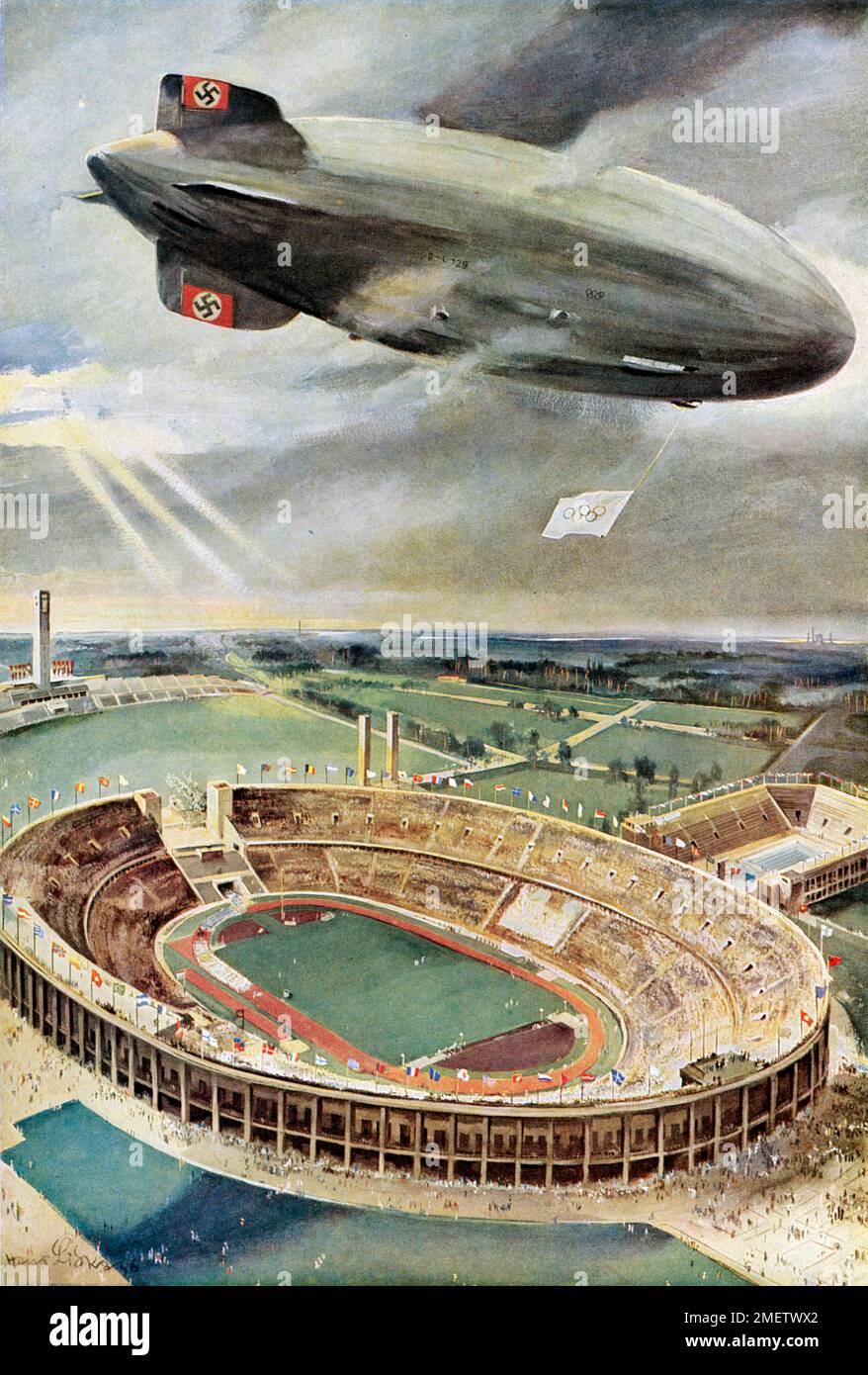 The airship Hindenburg over the Reichssportfeld, Olympic Stadium ...