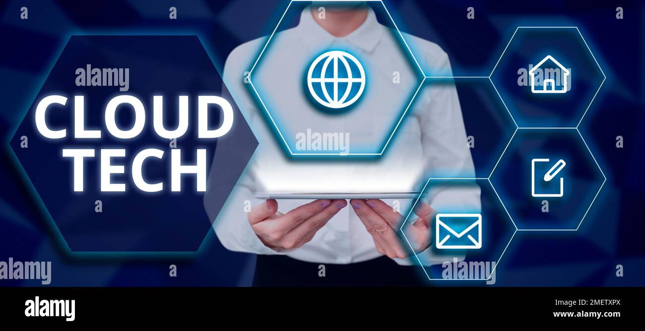 Text caption presenting Cloud Tech. Business idea storing and accessing data and programs over ...