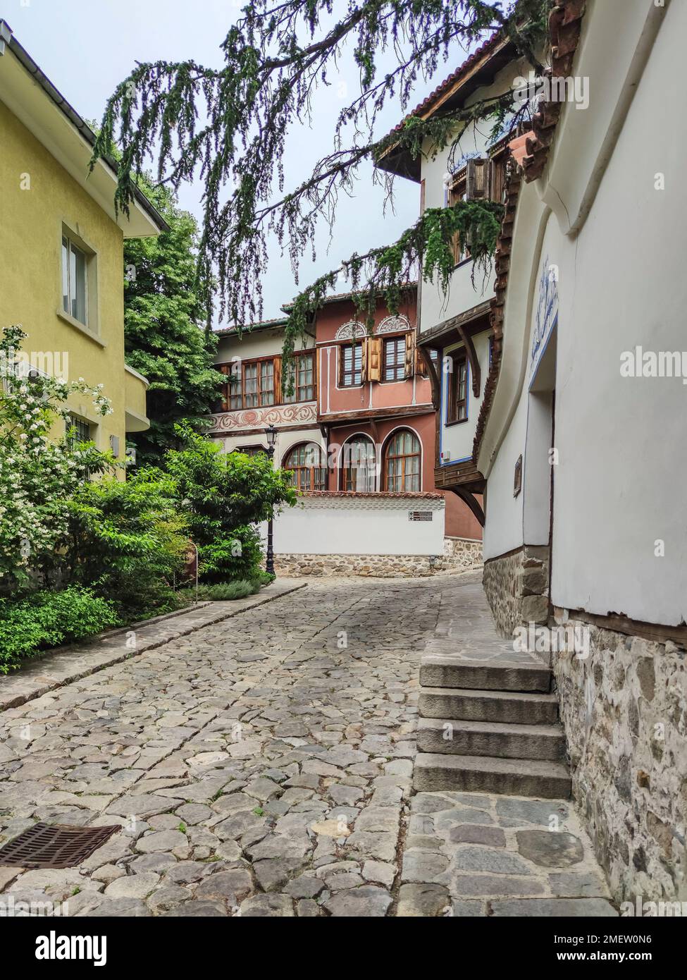 Typical street and houses at The old town of city of Plovdiv, Bulgaria ...