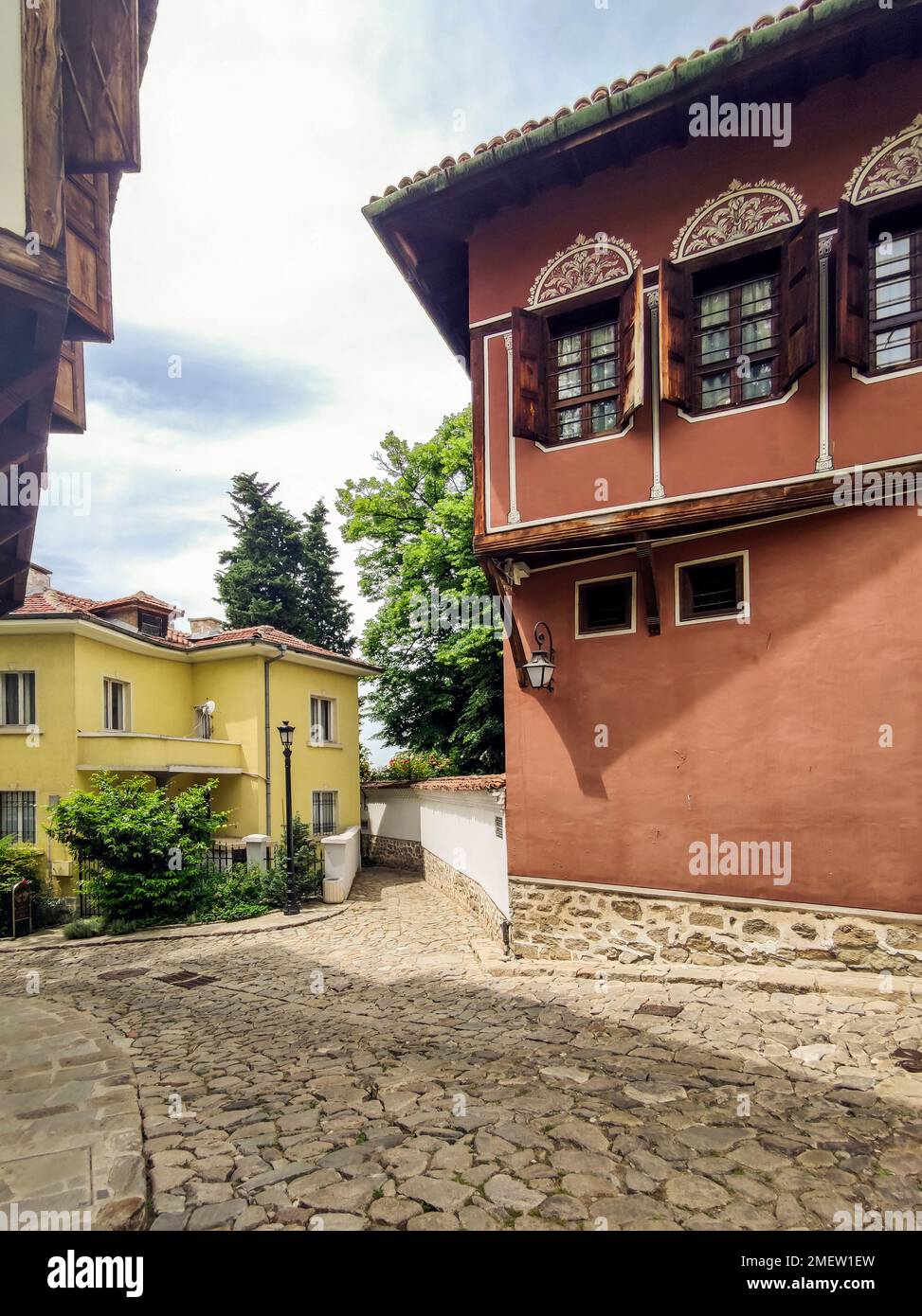 Typical street and houses at The old town of city of Plovdiv, Bulgaria ...