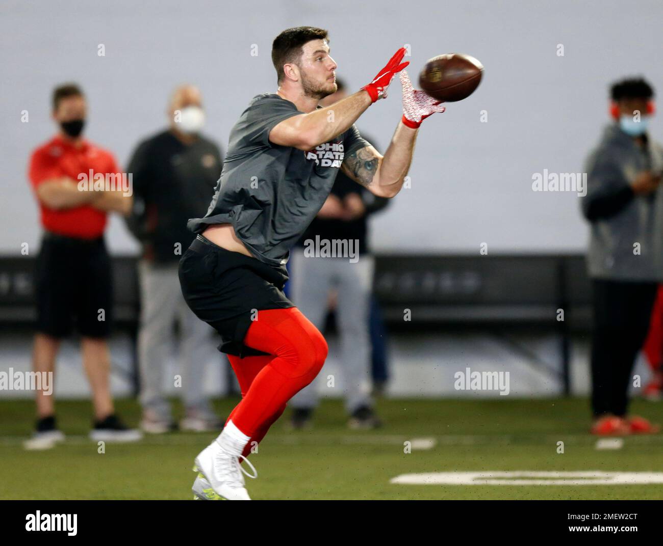 Ohio State tight end Luke Farrell makes a catch during an NFL Pro Day ...