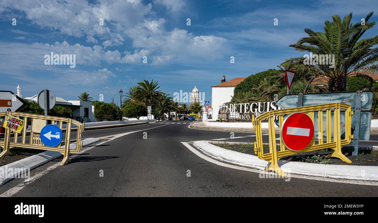 Traffic signs in the old town of Teguise, Lanzarote, Canary Islands ...