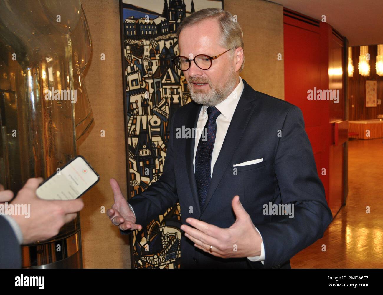 Czech Prime Minister Petr Fiala speaks to journalists after his meeting ...
