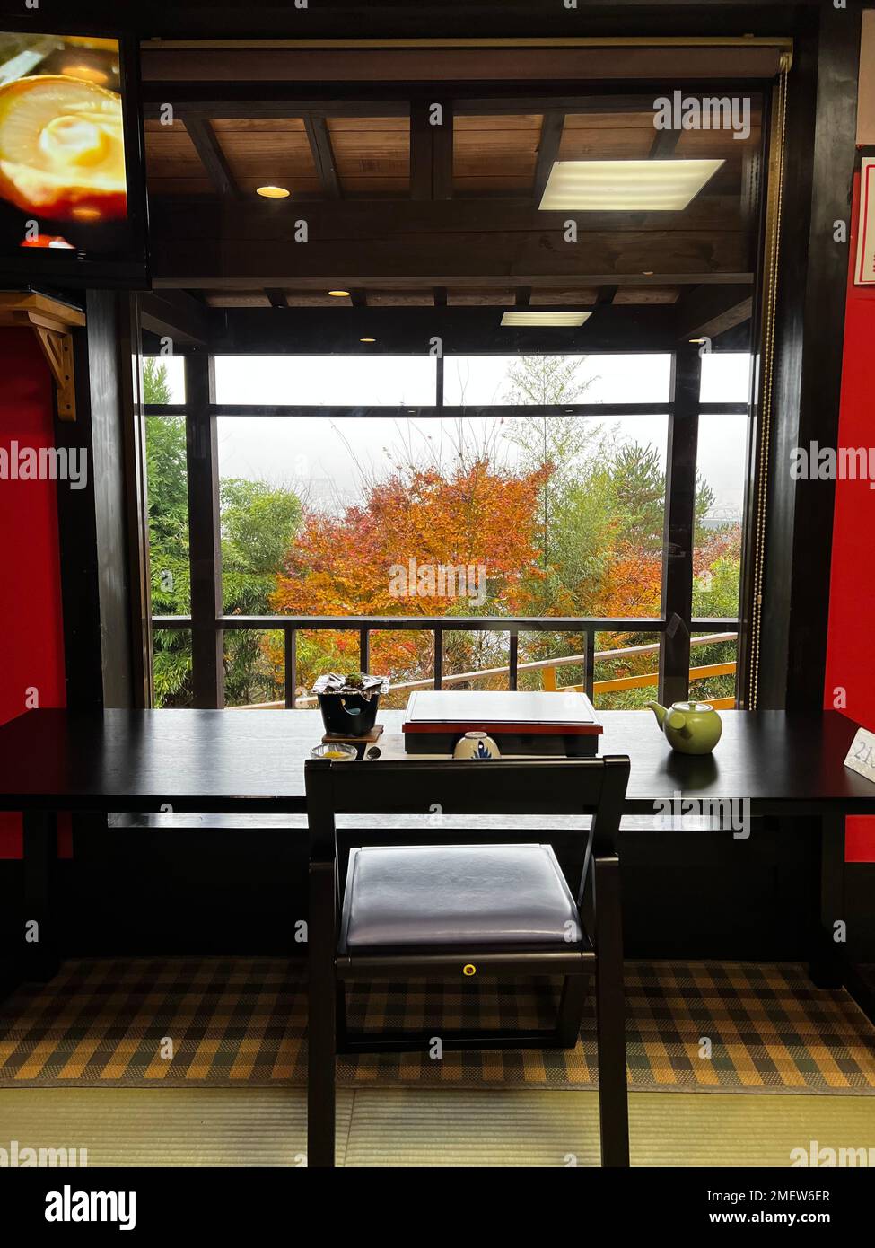 A Japanese-style balcony restaurant window seat. Japanese interior ...