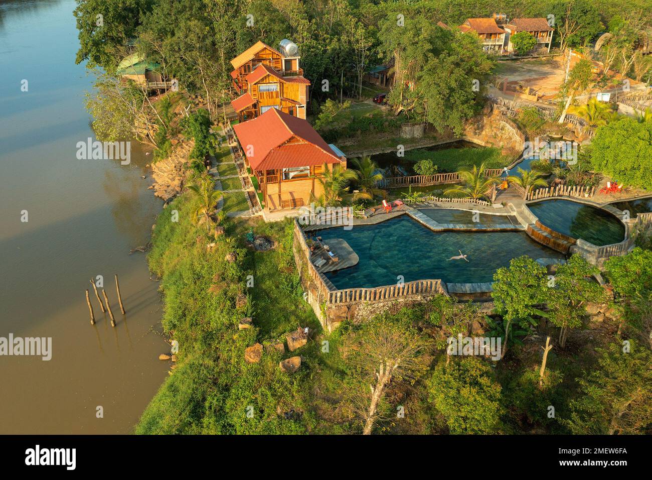 Aerial view of a jungle lodge near in Cat Tien National Park, Vietnam ...