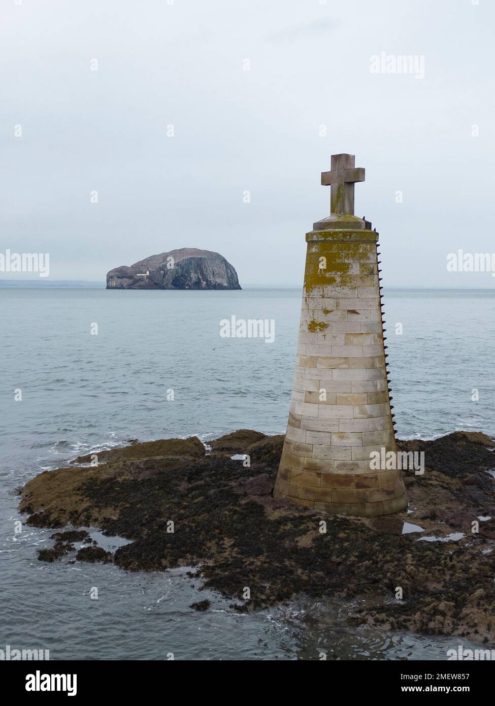 View of stone navigation beacon at Seacliff Beach near North Berwick in ...