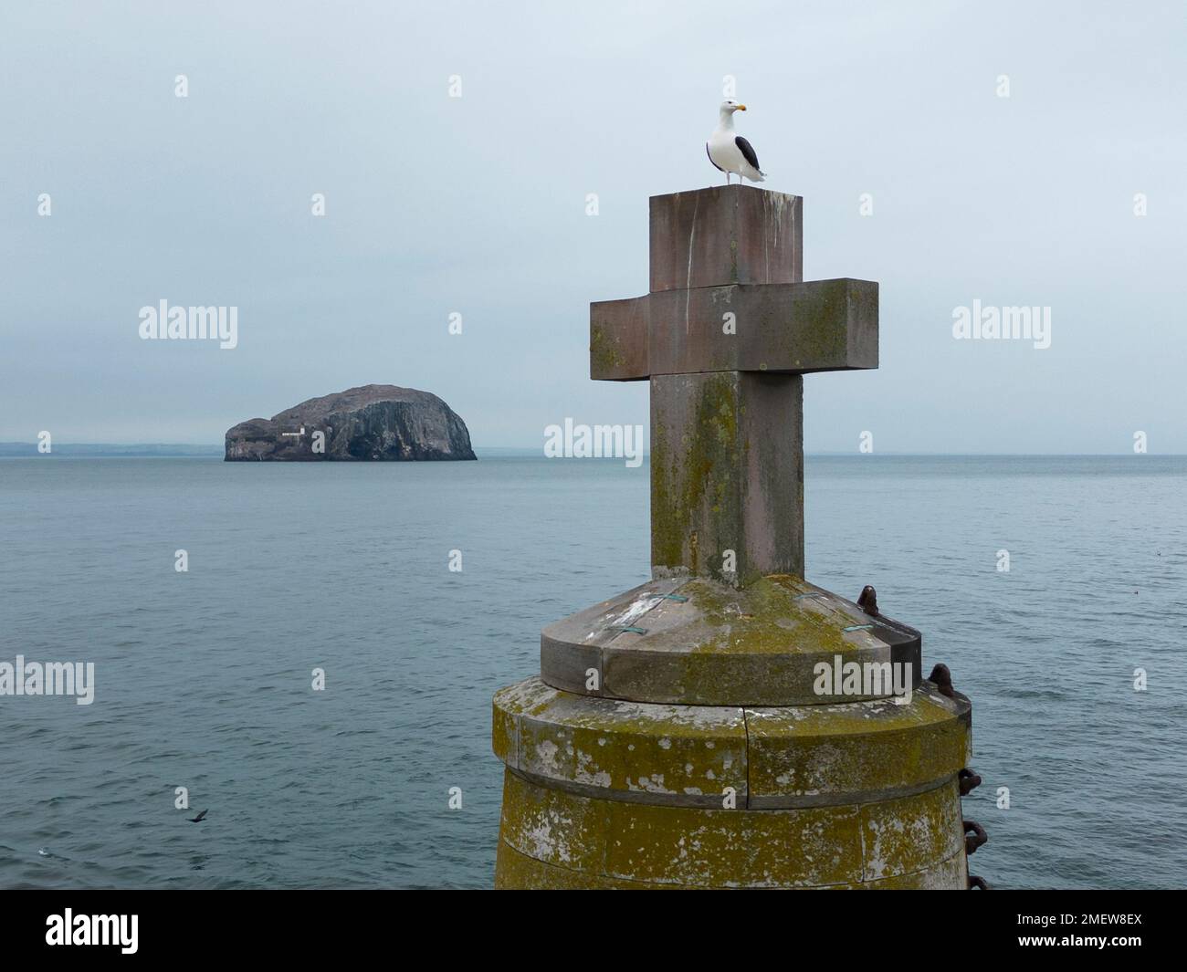 View of stone navigation beacon at Seacliff Beach near North Berwick in ...