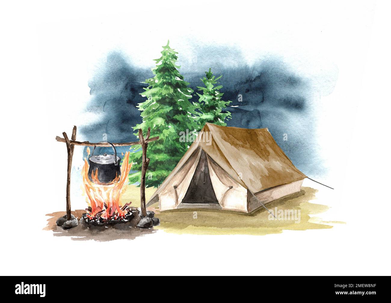 Hiking Tent and Bonfire in the forest. Camping concept, Hand drawn ...