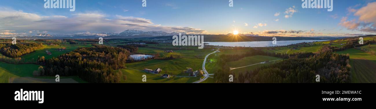 Panorama aerial view at sunset with Lake Sempach, Alps from Pilatus to ...