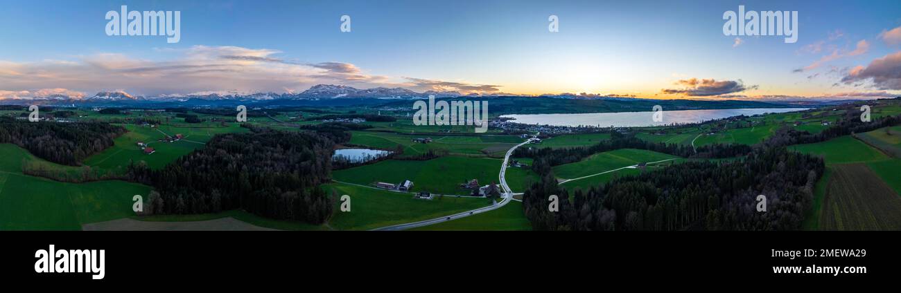 Panorama aerial view at sunset with Lake Sempach, Alps from Pilatus to ...