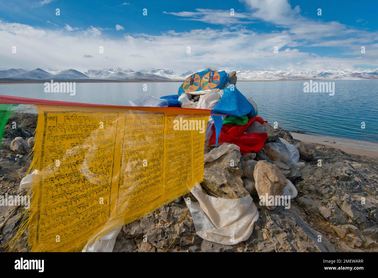 Buddhist offerings, Tibetan lucky bowl, cathags, mani stones and yak ...