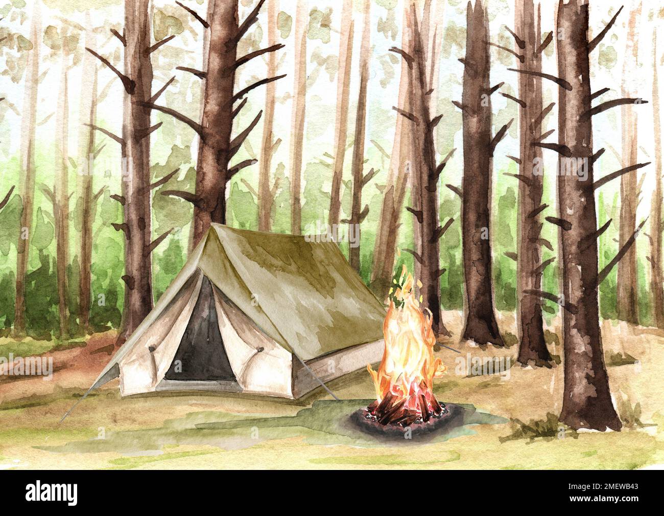 Hiking Tent and Bonfire in the forest. Camping concept. Hand drawn ...