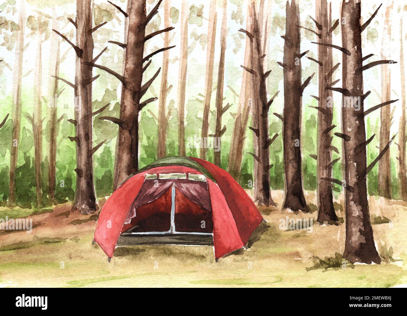 Hiking Tent and Bonfire in the forest. Camping concept. Hand drawn ...