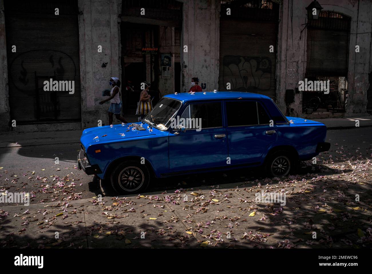 A Soviet-era Lada car is sprinkled in flowers after it parked under a ...
